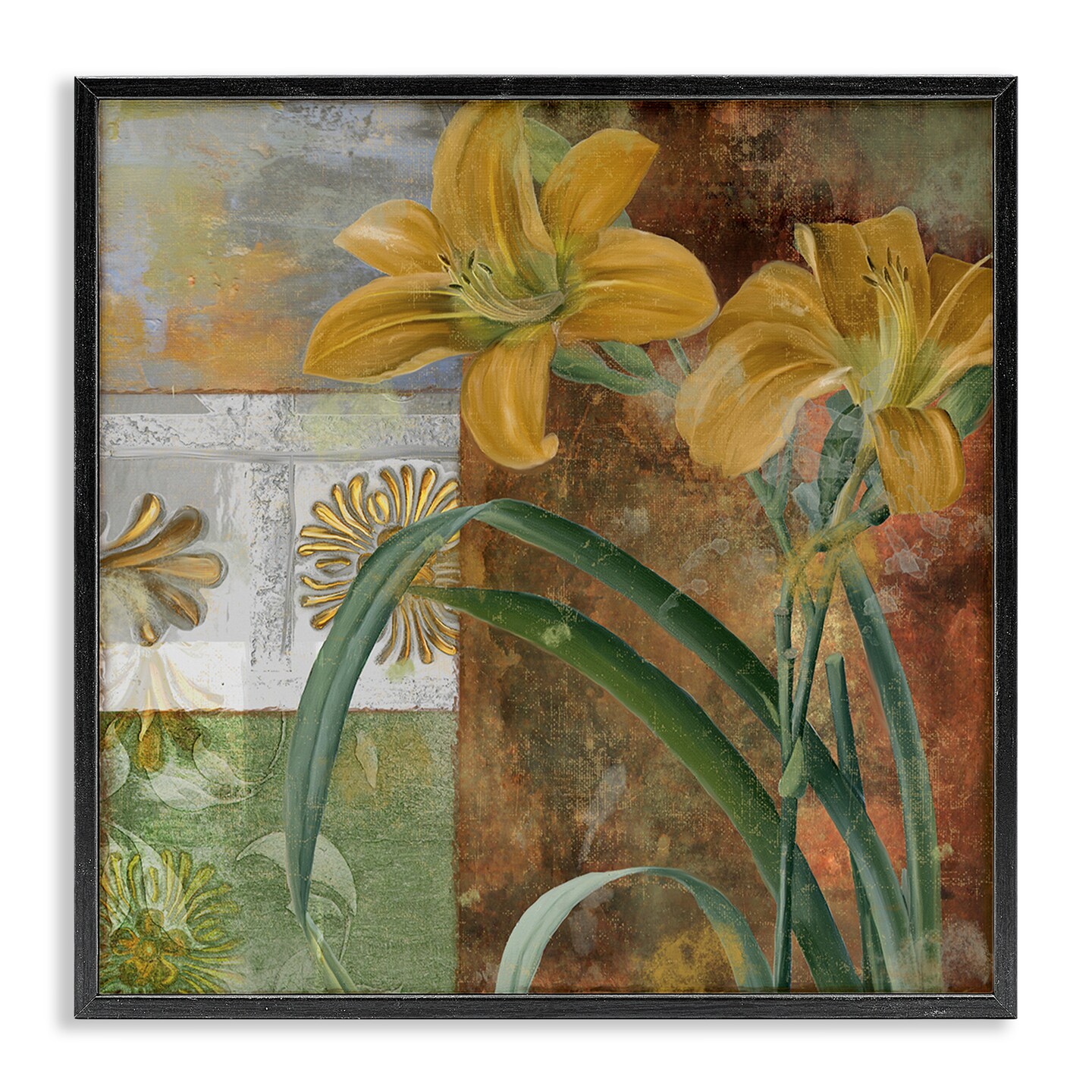 Stupell Industries Yellow Lilies on Vintage Tile Framed Giclee Design ...