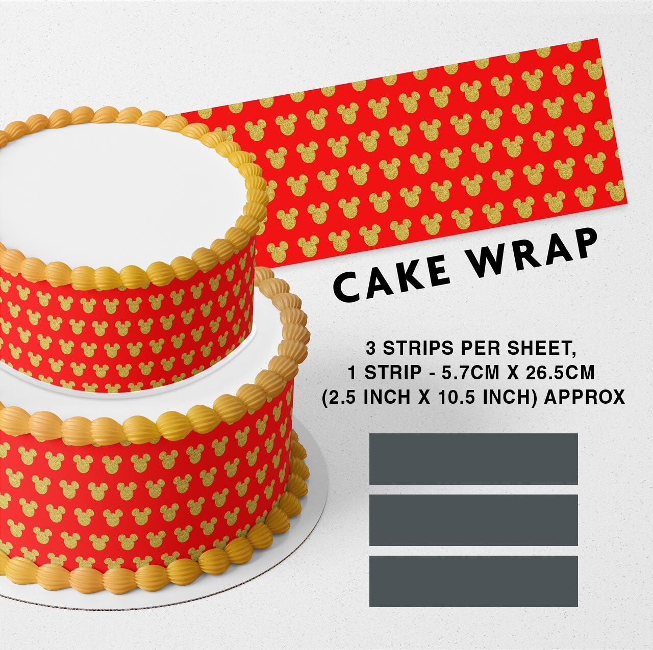 Mickey Minnie Mouse Red Gold Pattern Strips Edible Icing Printed Cake ...