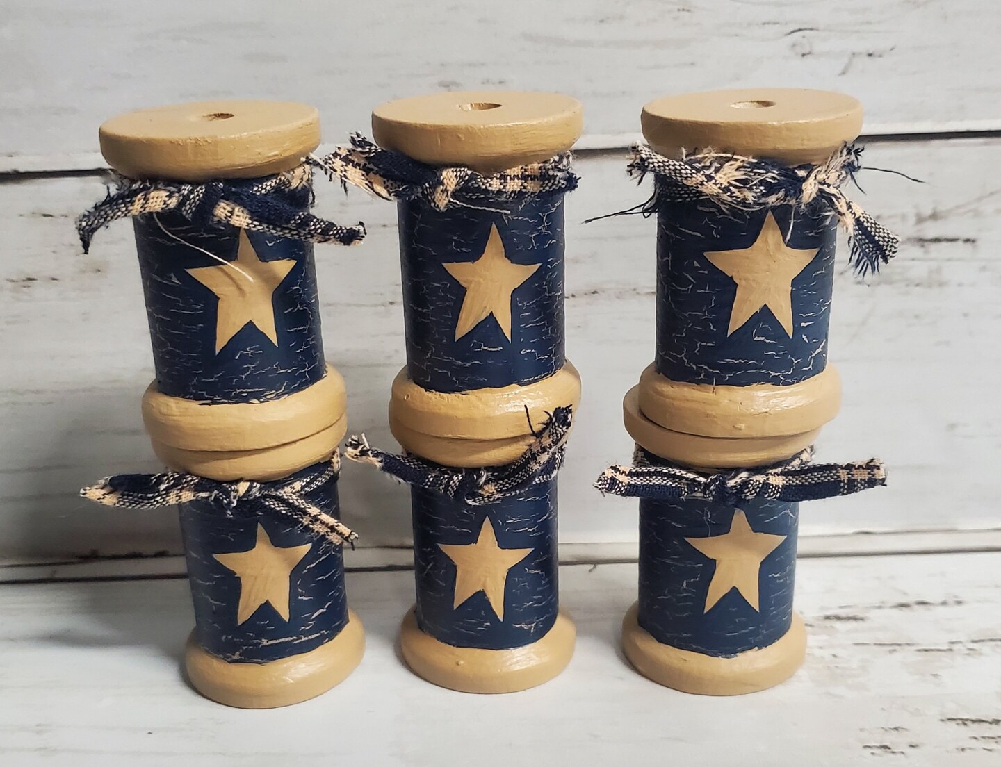 Wood Spools Set of 6 Bowl Filler Crackle Painted with Primitive Star ...