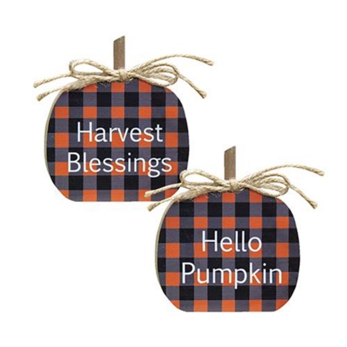 2 Asstd. Orange Buffalo Check Wooden Pumpkin Block for Fall Shelf Decor ...