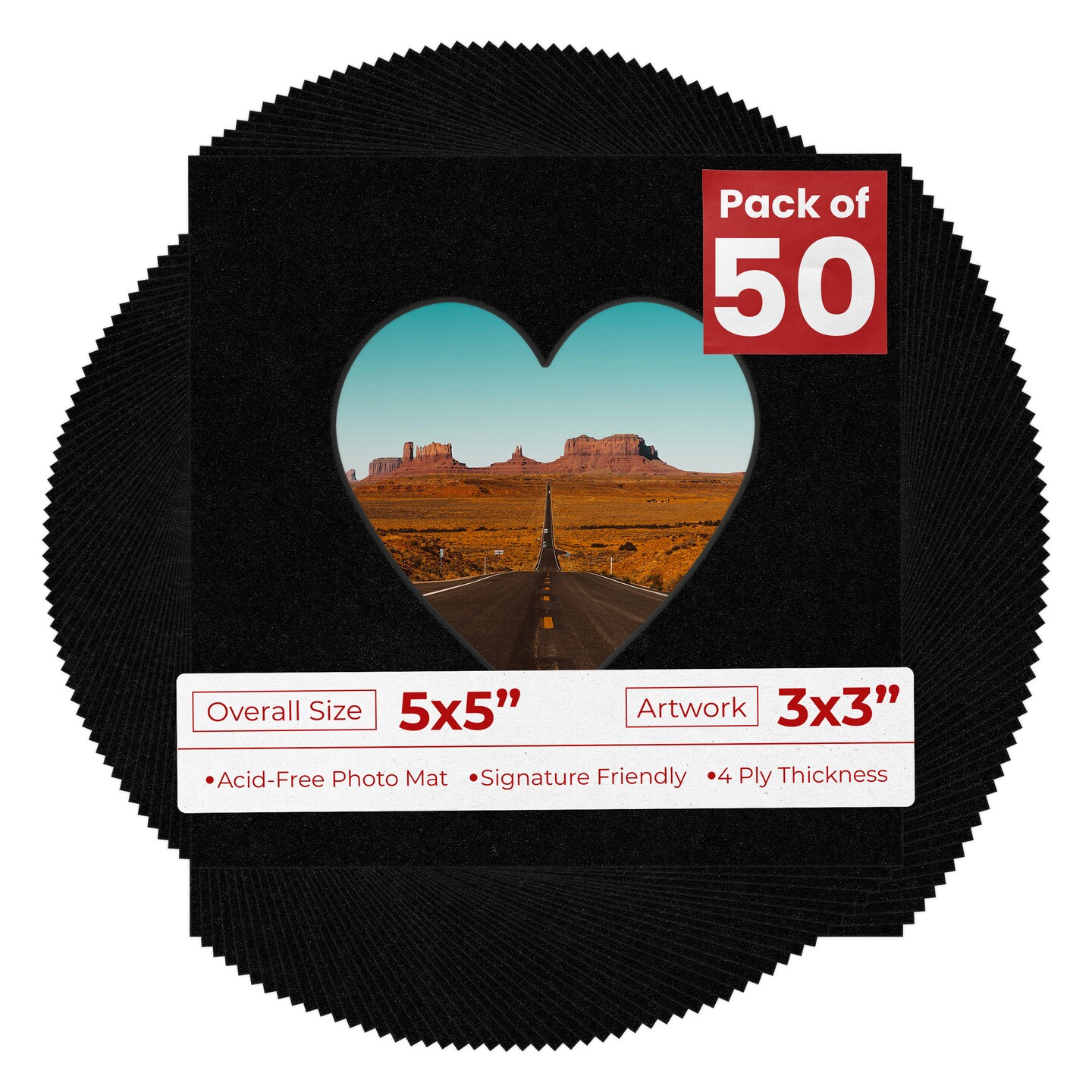 Black with Black Core Mat Board for 5x5 Inch Frames - Heart Opening for ...