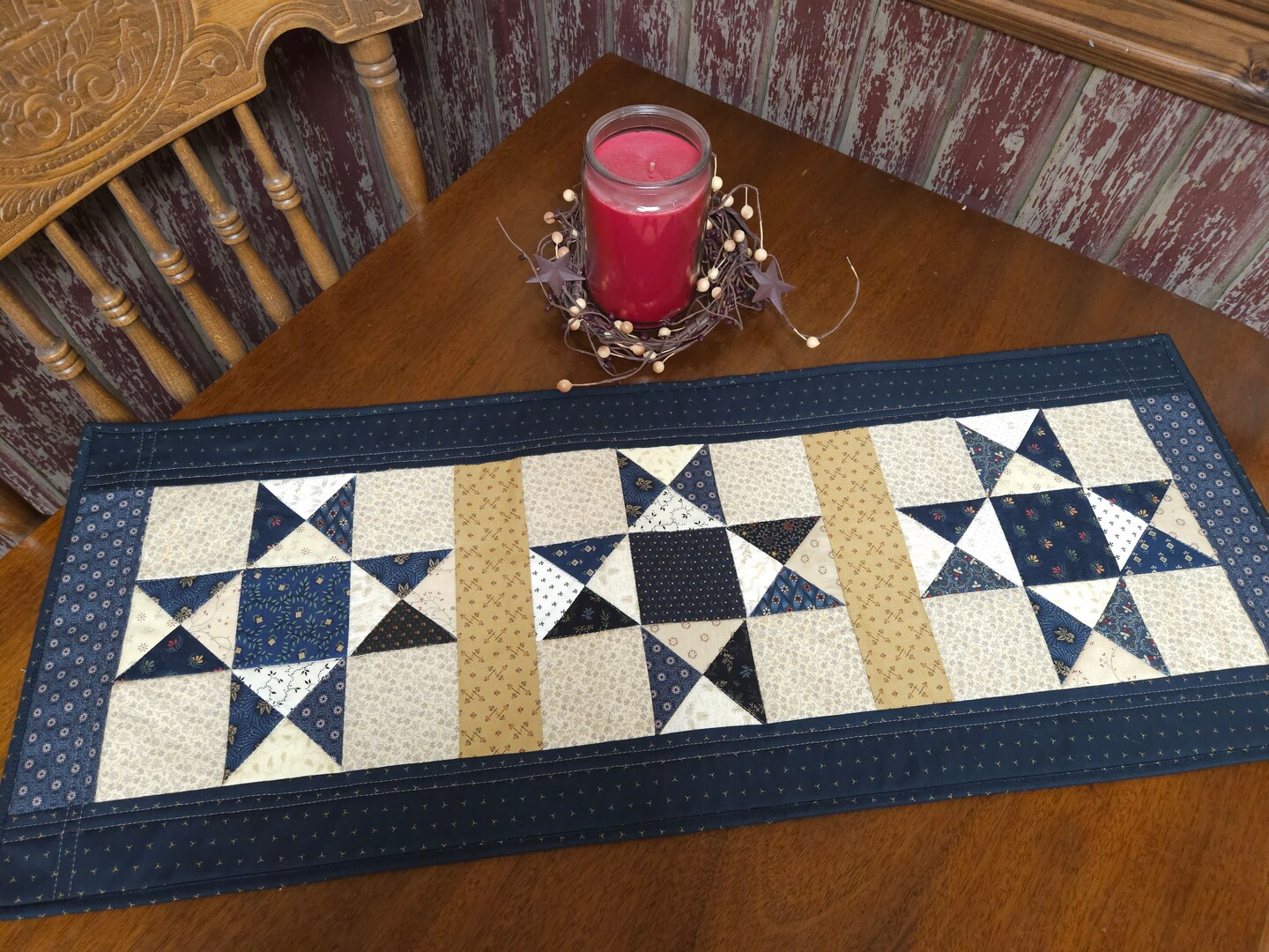 Quilted Blue Star Table Runner, Country Style Table Covering, Scrappy ...