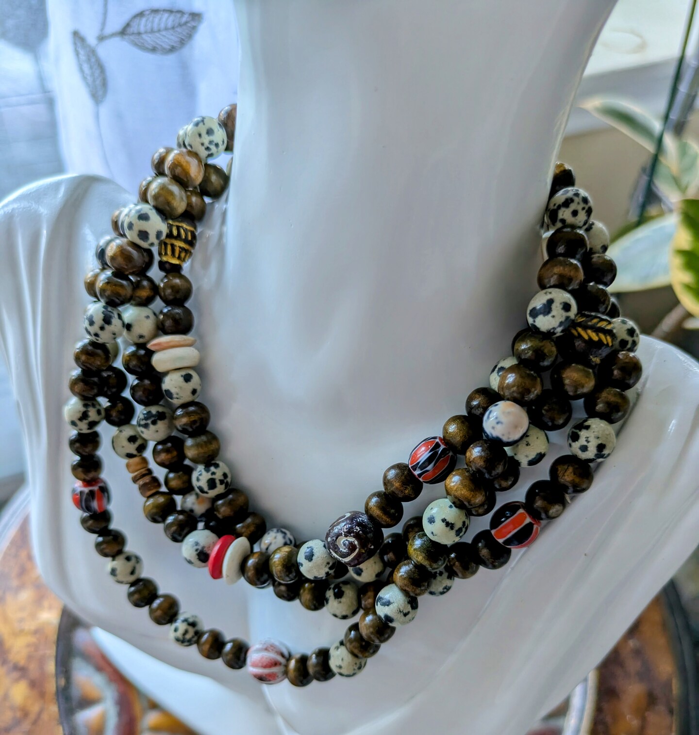 Dark Wood Beaded Infinity Necklace-46 inches with gemstones and mixed ...