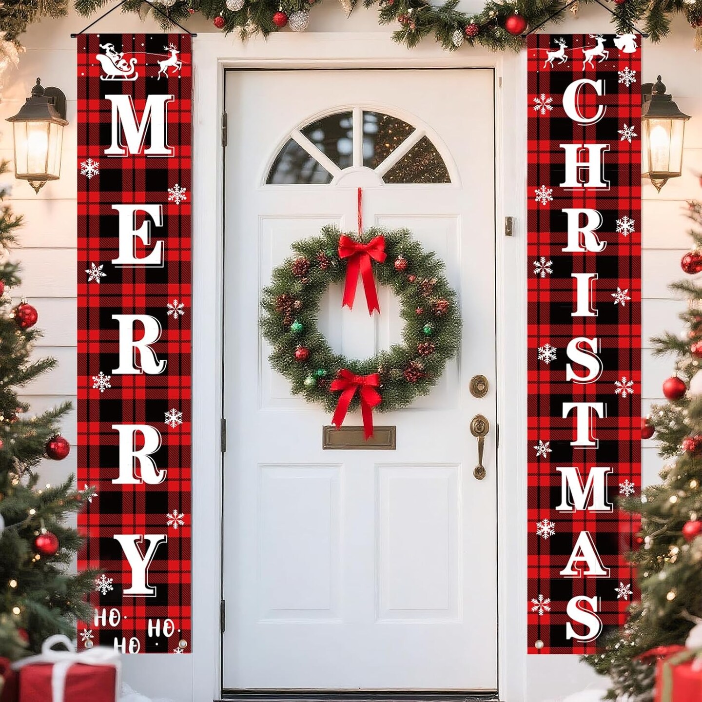 Christmas Decorations, Red Black Buffalo Plaid Christmas Banners Front ...