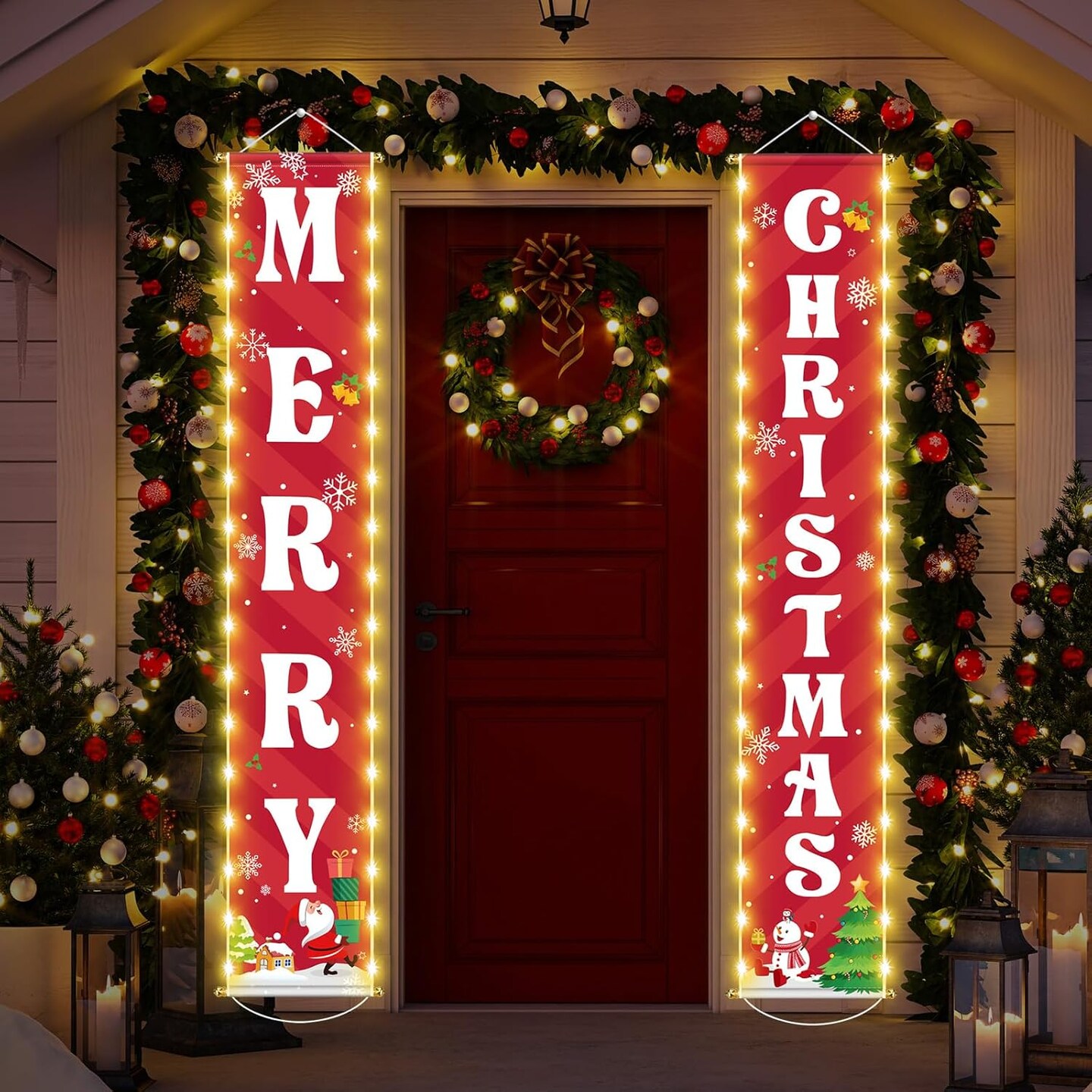 2 Pcs Christmas Hanging Porch Signs Banner with LED String Light ...