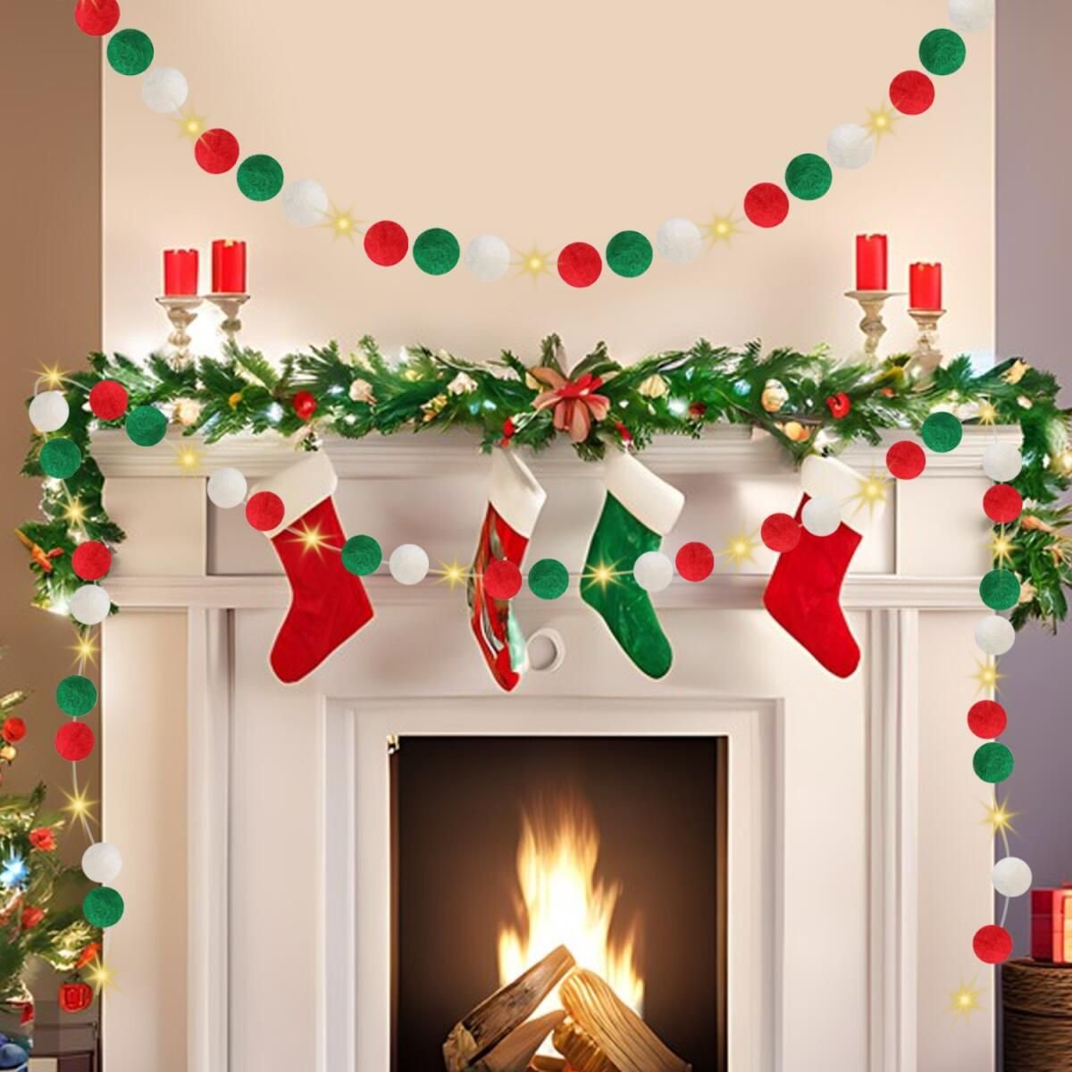 Edge Collections - 300" - Multi - Festive Felt Ball Garland with Warm ...