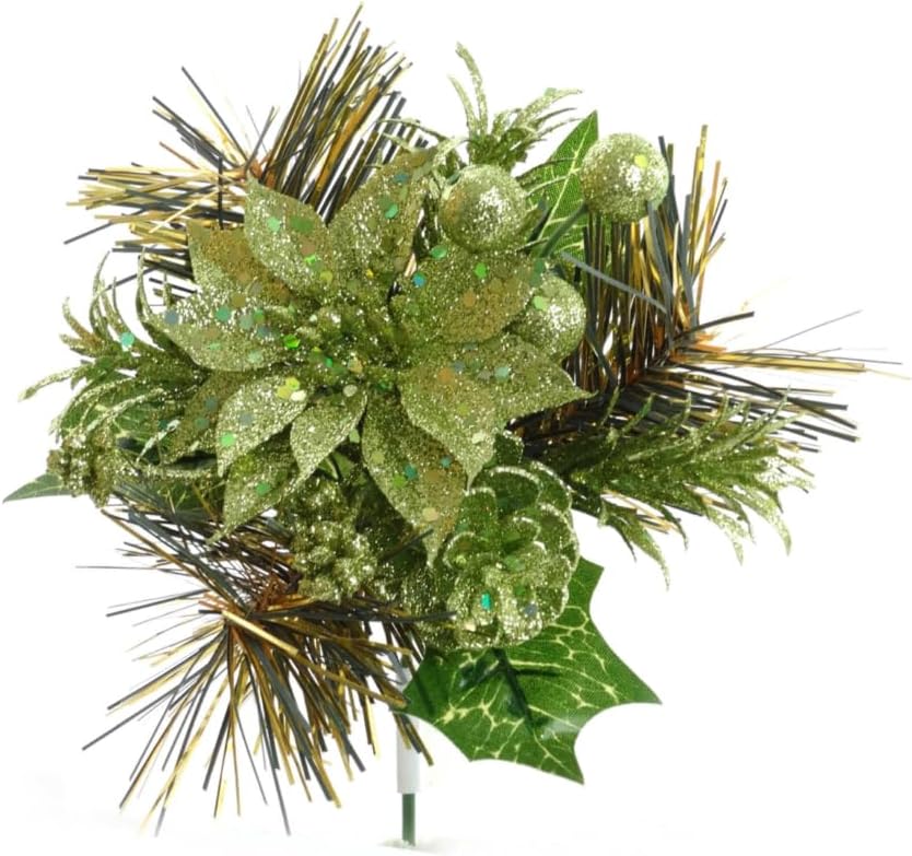 Light Green Pine Pick with Poinsettia Flower, Berries, & Pine Cones ...