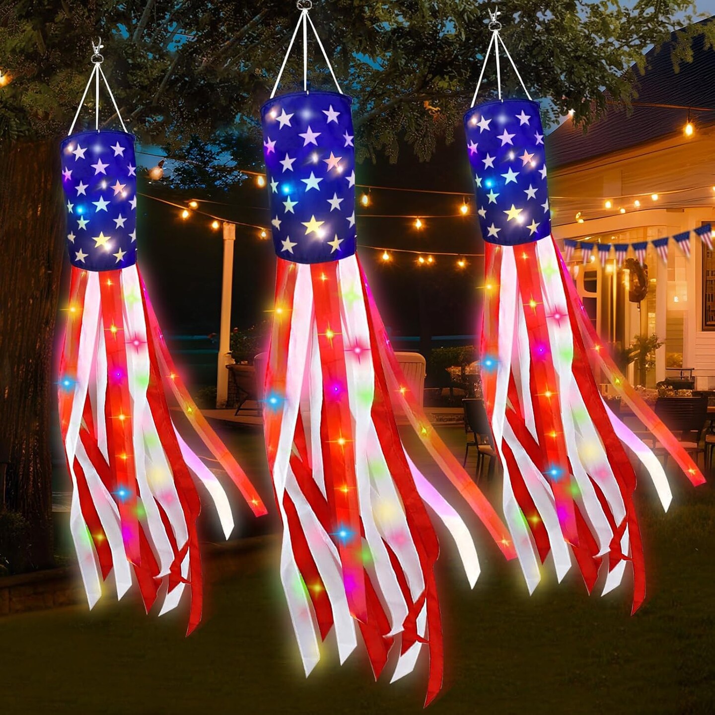 3 Pack 60 Inch Large American Flag Windsocks with Lights DIY Red White ...
