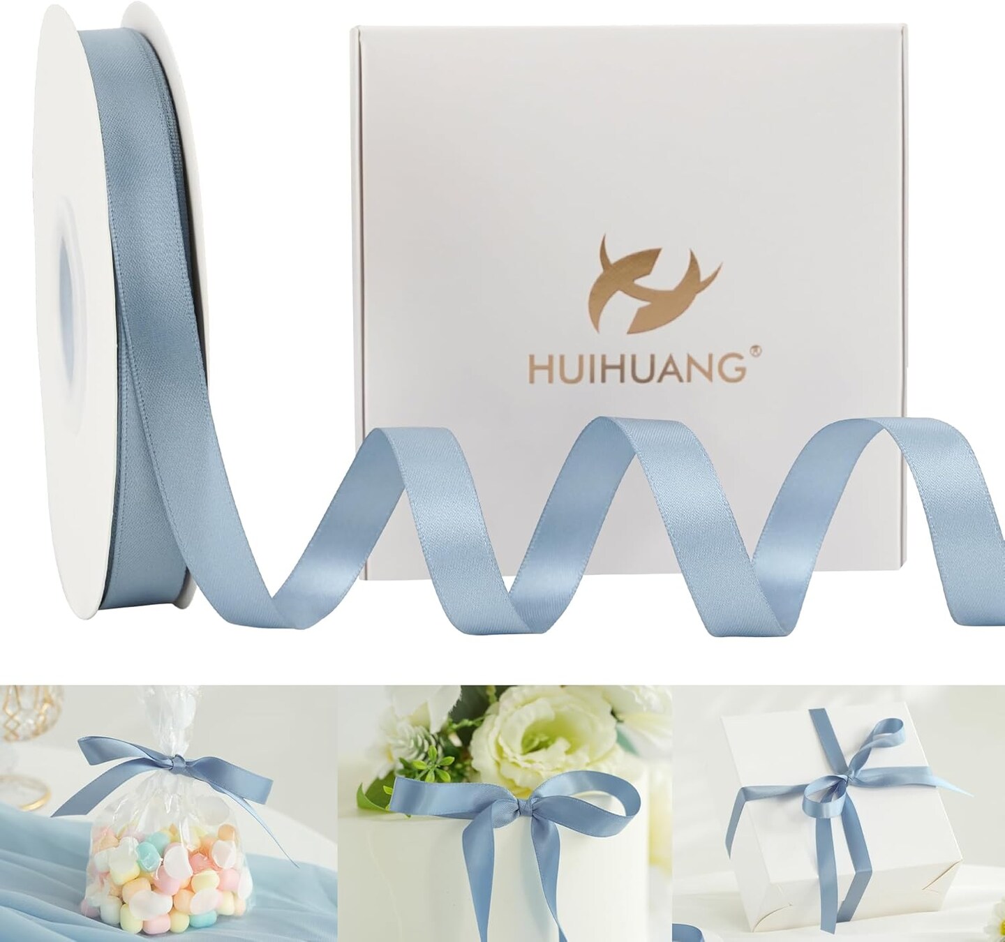 Dusty Blue Satin Ribbon 1/2 inch X 50 Yards Continuous, Blue Double ...