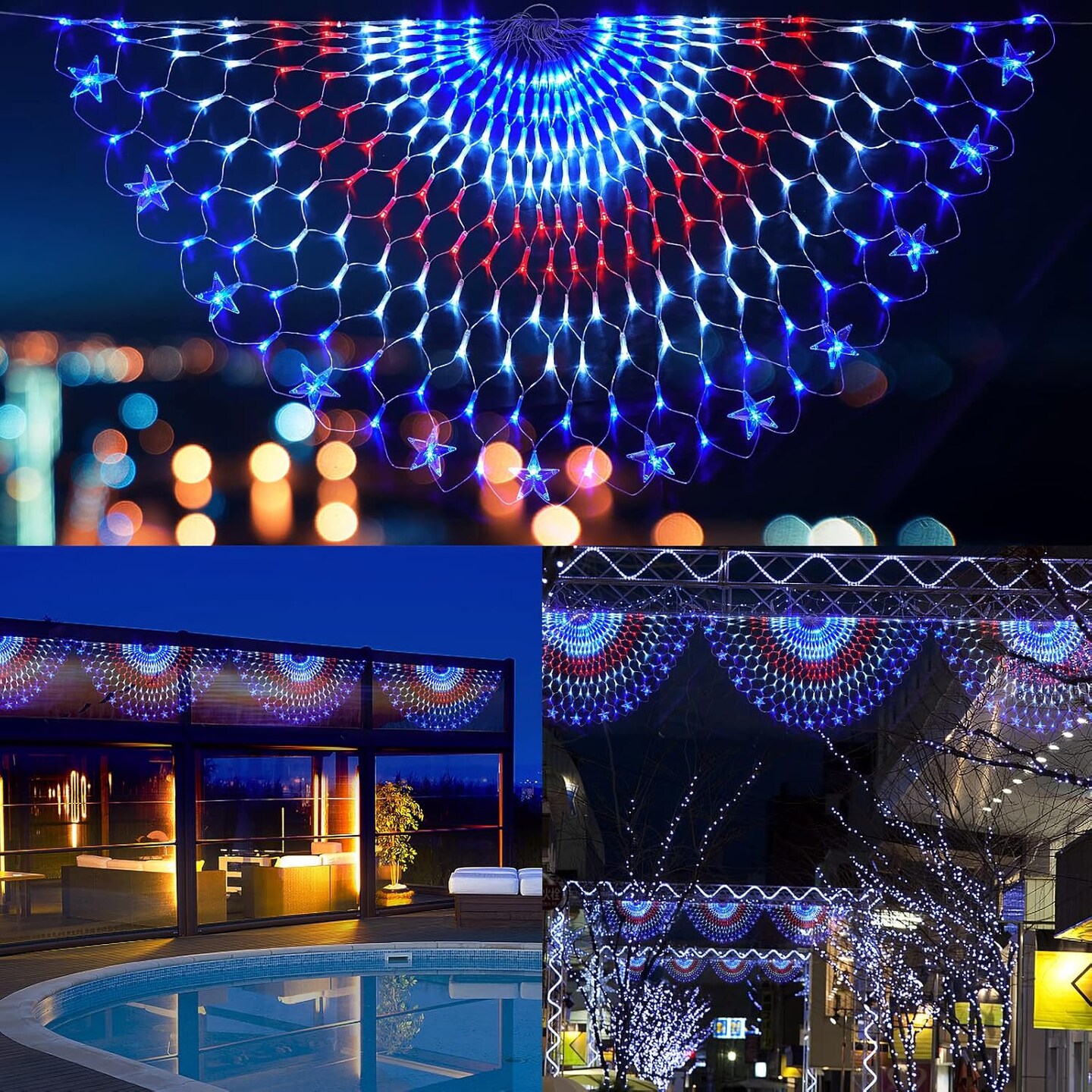 Patriotic American Flag String Lights - 250 LED Half Fan Shaped Outdoor ...