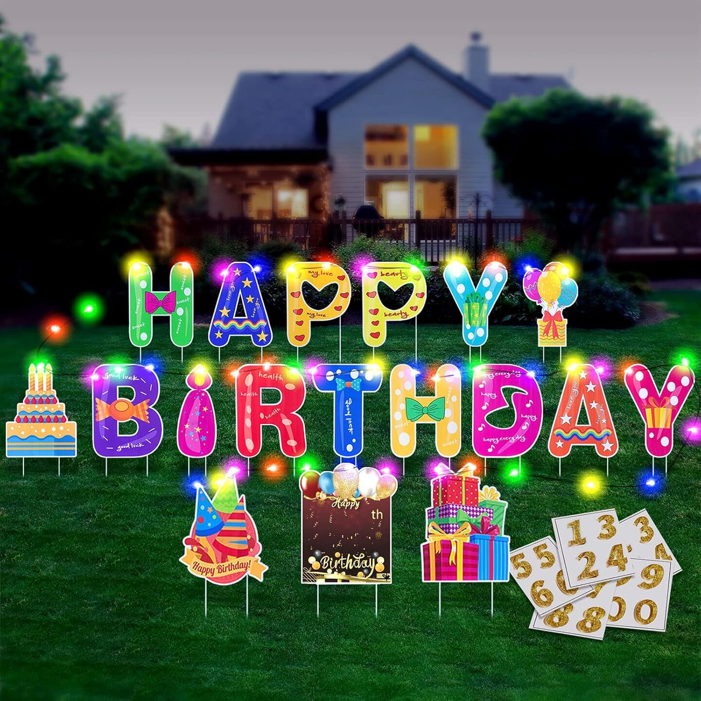 18Pcs Happy Birthday Yard Signs with Stakes 16”Large Size,LED Lights 2 ...