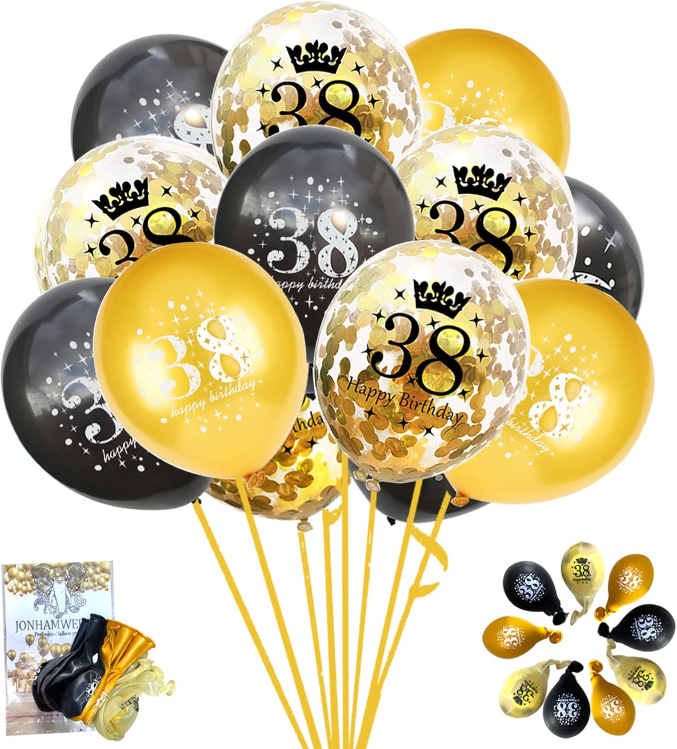 38th Birthday Balloons 38 Years Black Gold Latex Confetti Printed ...