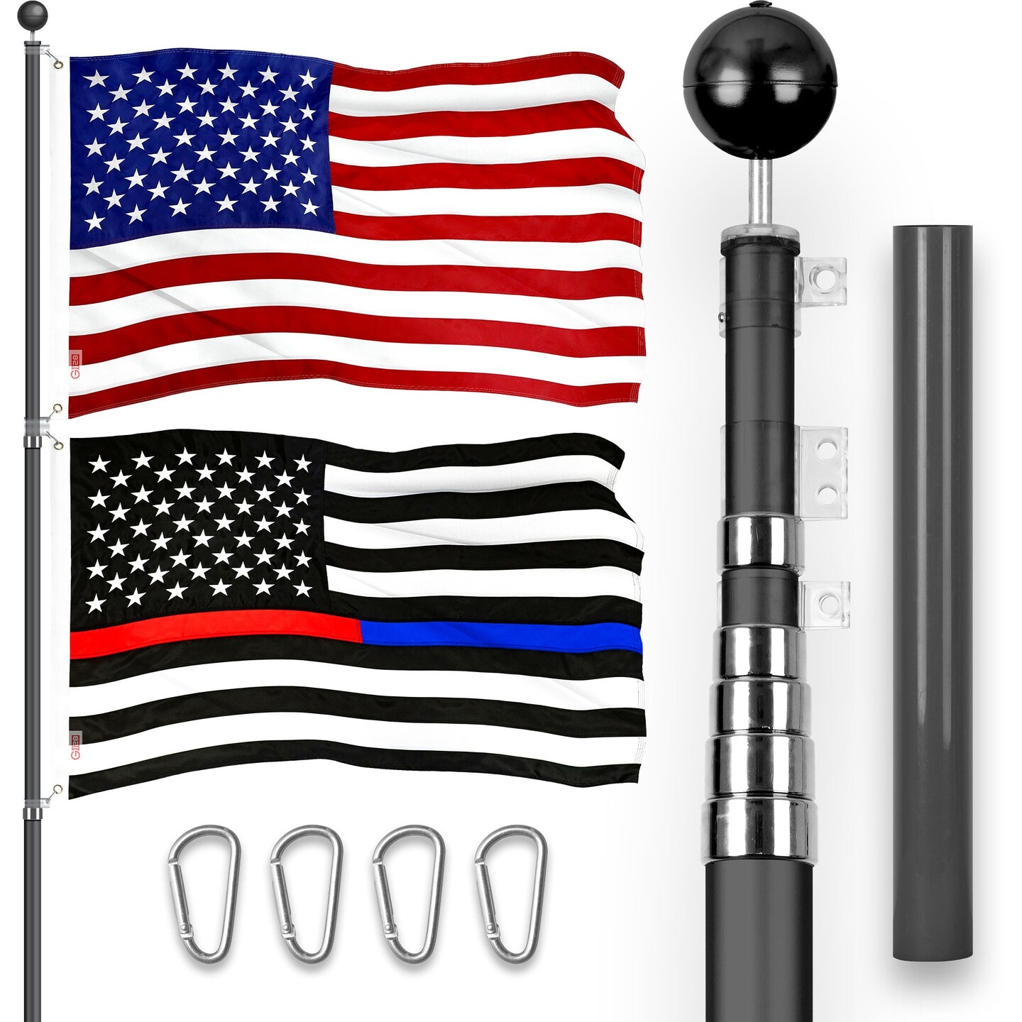 G128 Combo Pack: 25 Ft Telescoping Aluminum Flagpole (Black) & American ...