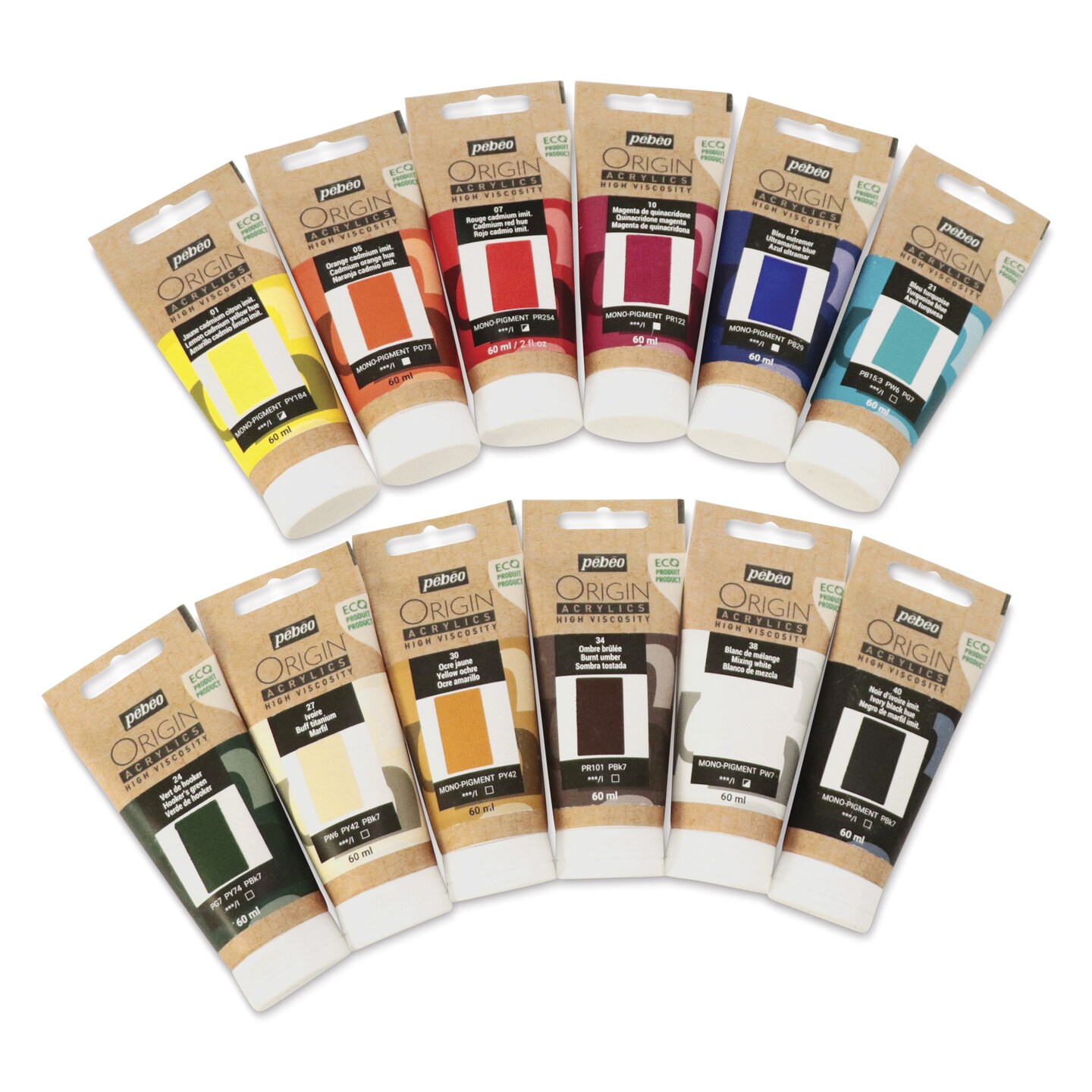 Pebeo Origin Acrylic Paints - Set of 12, Essential Colors, 60 ml Tubes ...
