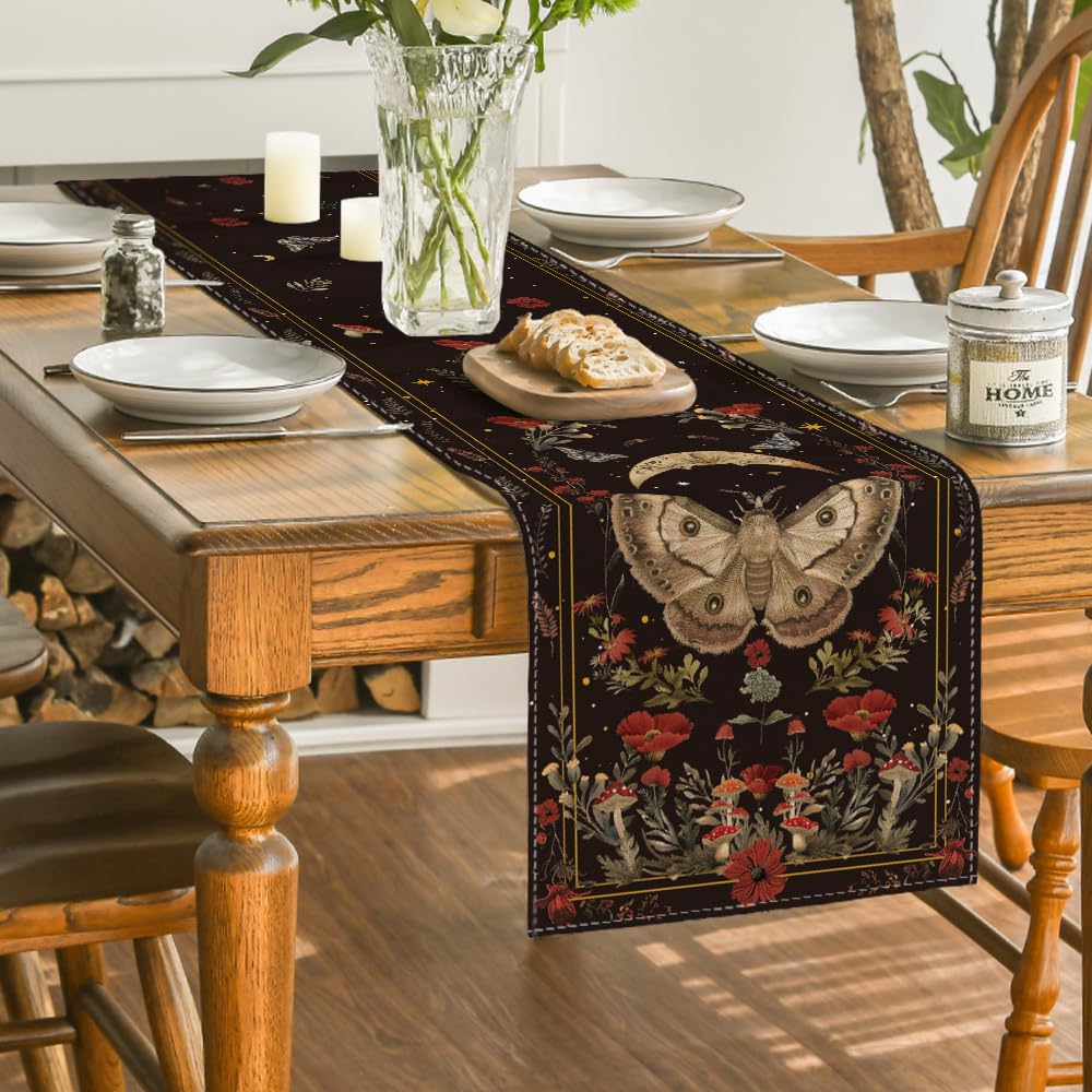 Poppy Moth Mushroom Moon Fall Table Runner, Seasonal Autumn Kitchen ...