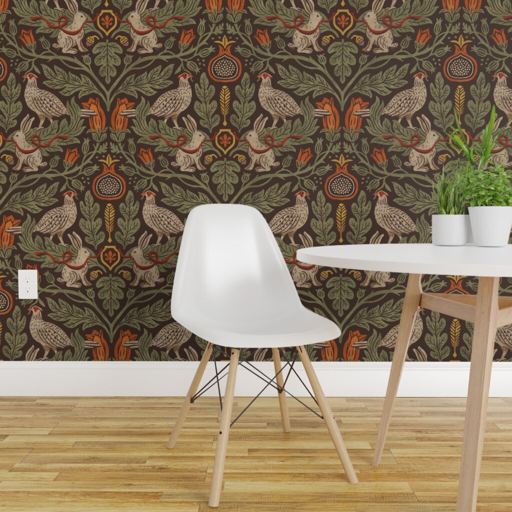 Pre-Pasted Wallpaper 2FT Wide Whimsical Rustic Pheasants Rabbits Floral ...