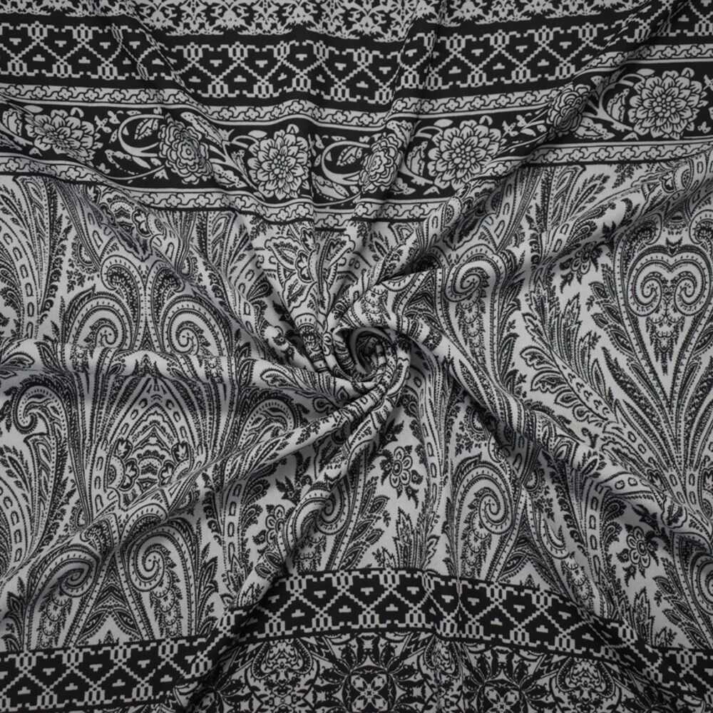 Black-Gray Poly Baroque Border Printed Momie Crepe Georgette Woven ...