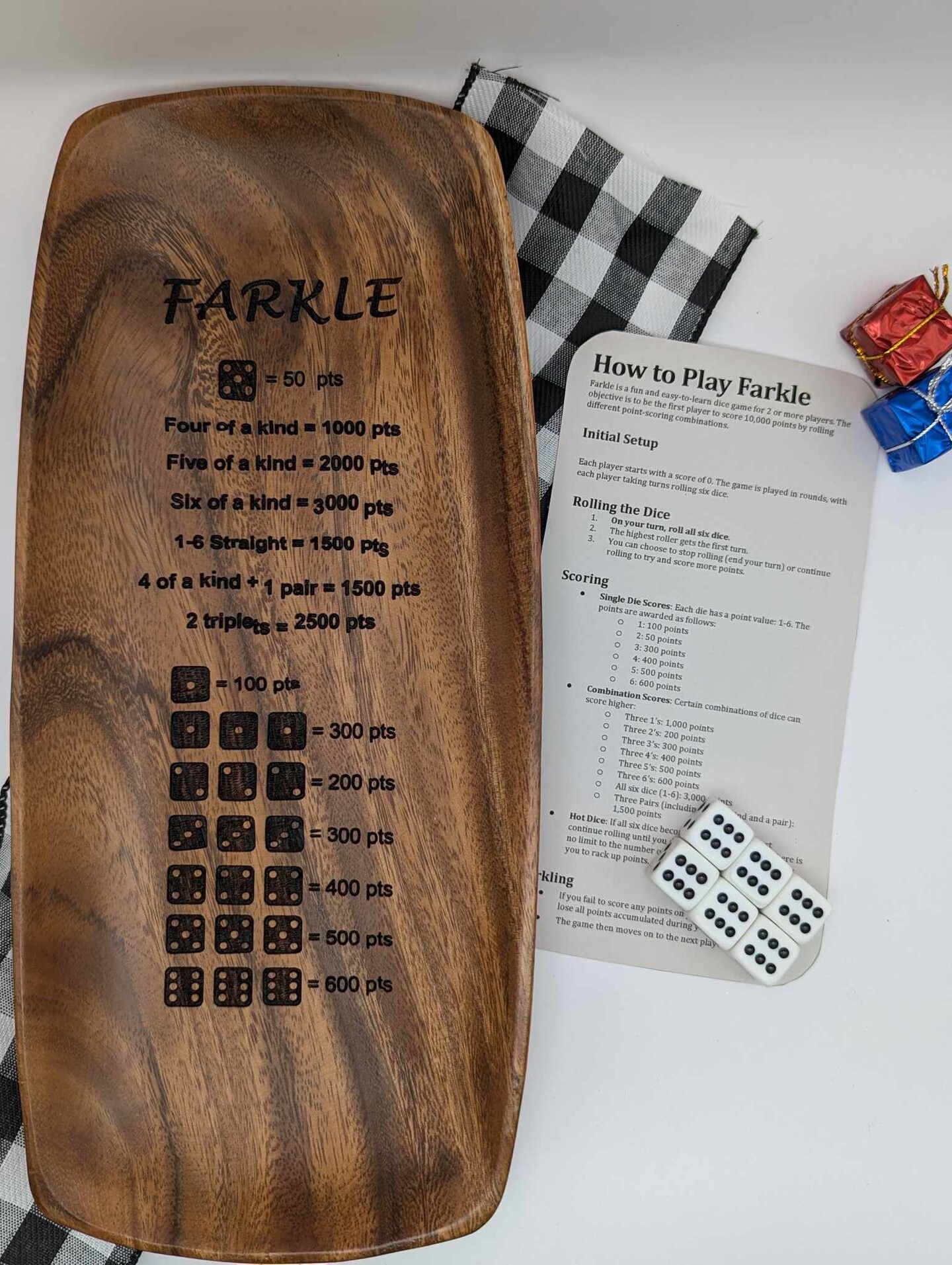 Farkle Game Board - Rolling Tray With Dice and Rules Laser Engraved ...