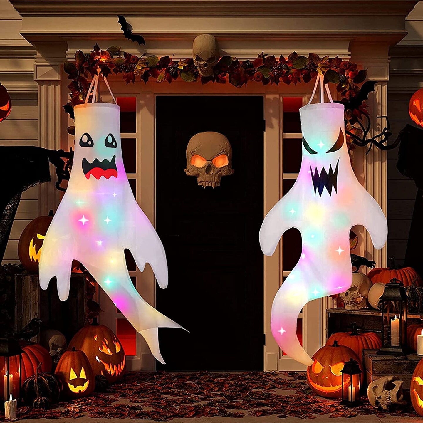 47" Halloween Ghost Windsocks Decorations with LED Light Outdoor ...