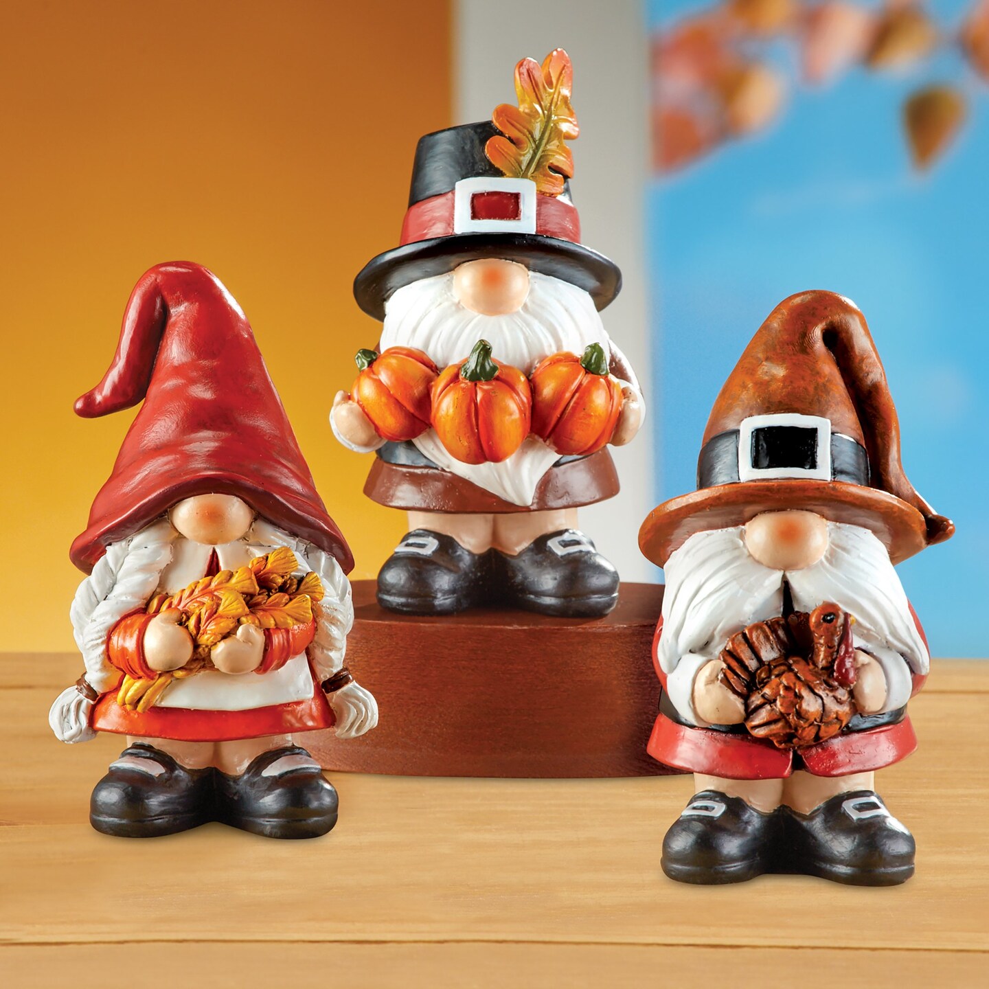 Collections Etc Hand-Painted Thanksgiving Gnome Figurines - Set of 3 ...