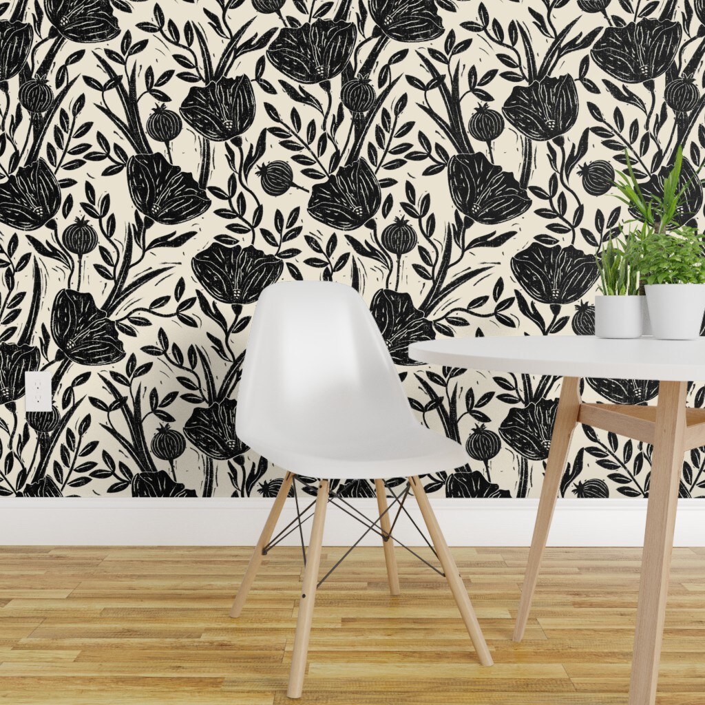 Pre-Pasted Wallpaper 2FT Wide Black Floral Retro Poppy Botanical ...