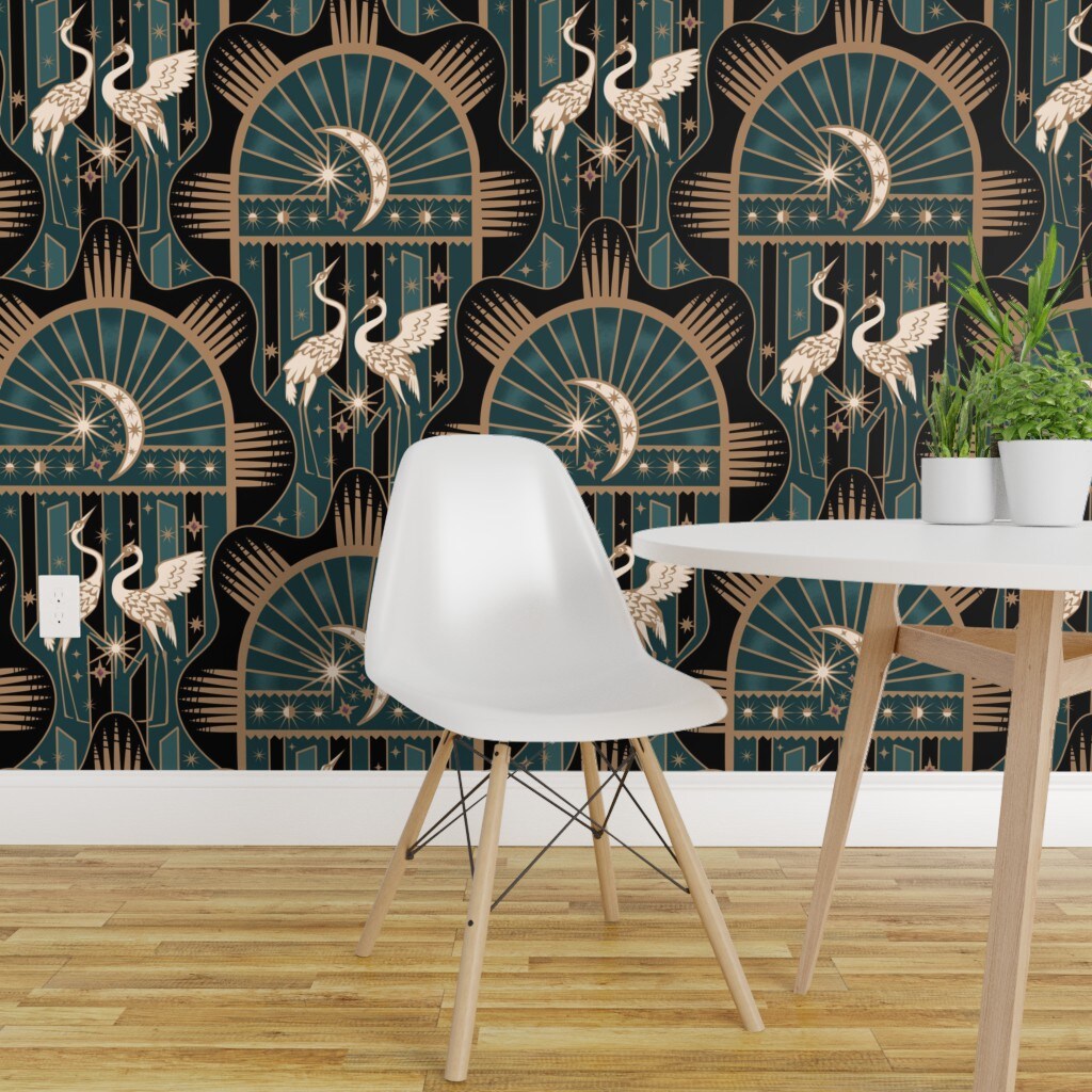 Peel & Stick Wallpaper 2FT Wide Celestial Cranes Teal Black Beige Art ...
