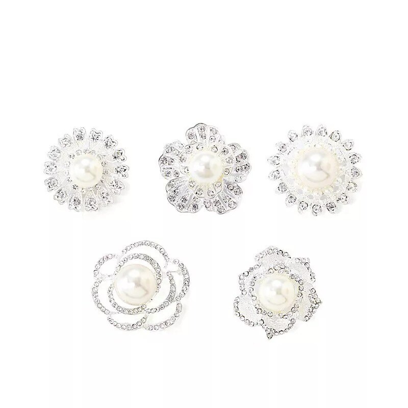 5 pcs Silver Metal Assorted Brooches Pins with Flowers Rhinestones and ...