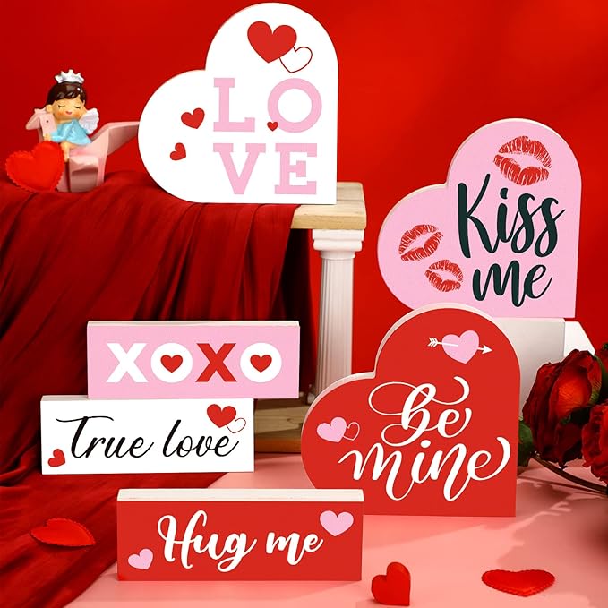 6 Pieces Valentine's Day Wood Table Sign Valentine's Day Decoration ...