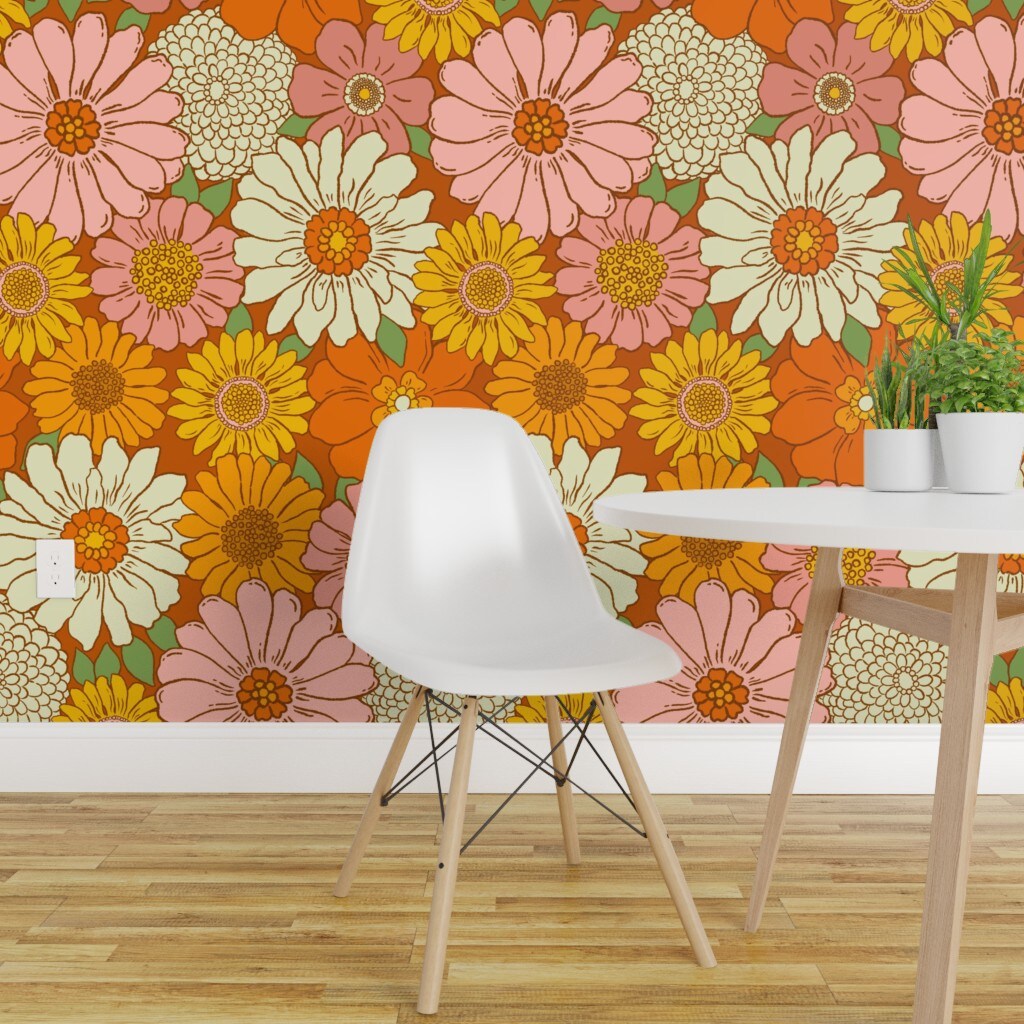 Non-Pasted Wallpaper 2FT Wide Retro 1970S Floral Vintage Style ...