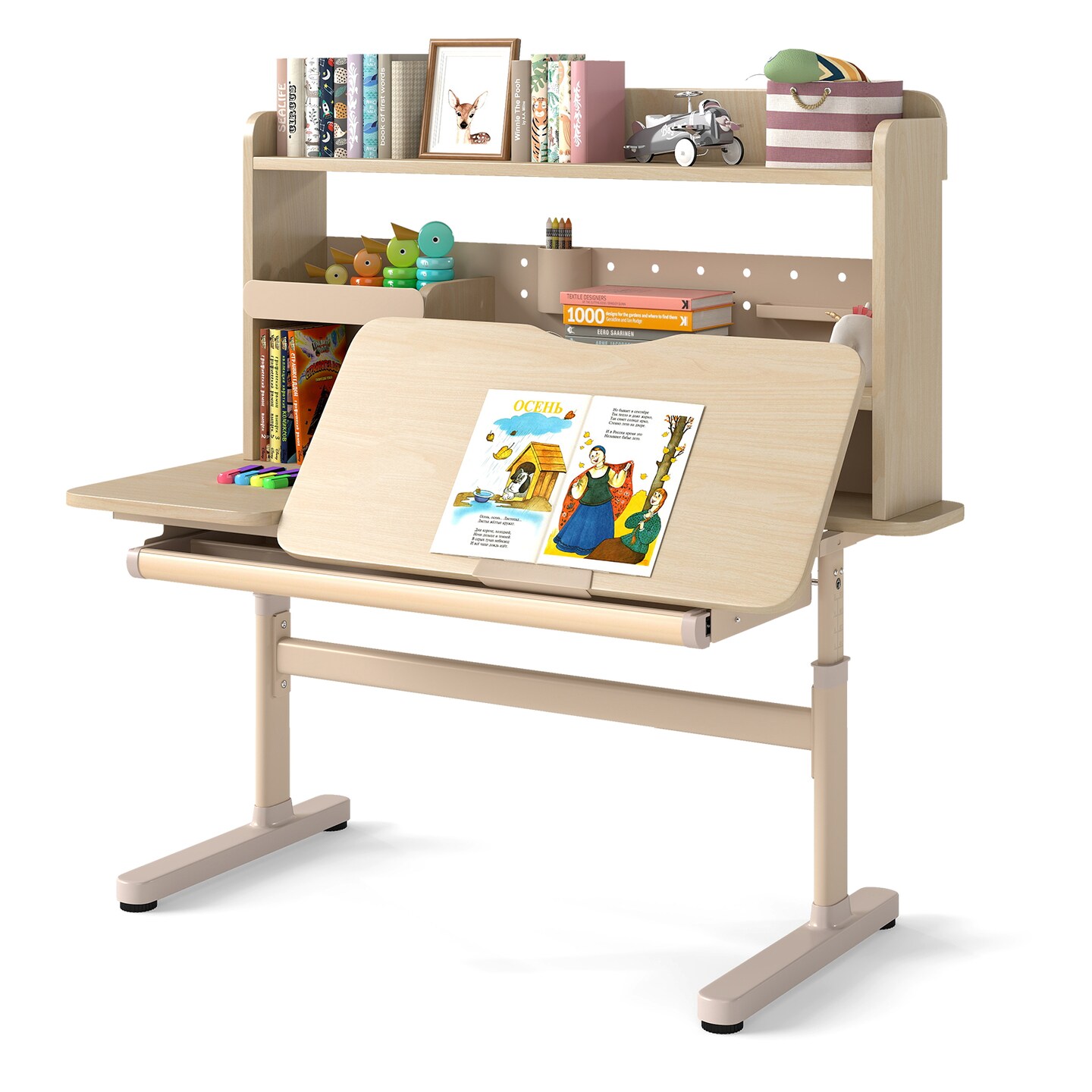 Height-Adjustable Study Table with Tilt Desktop and Retractable Book ...