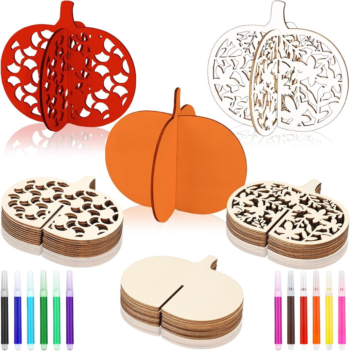 48-Piece Fall Craft Set – 36 Wooden 3D Pumpkin Cutouts with 12 Colored ...
