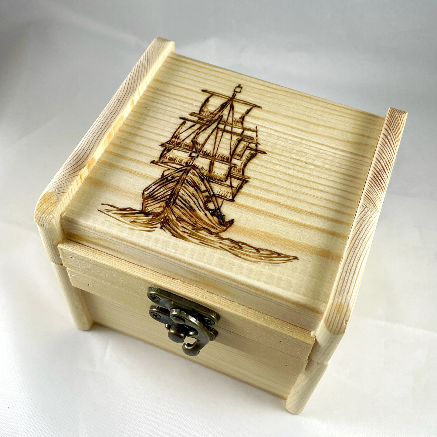 Ship Sailing the Ocean Trinket Box, Pyrography Wood Burning Art ...