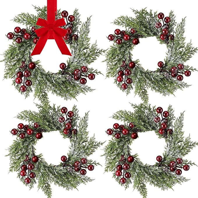 Christmas Candle Rings Mini Christmas Wreath Artificial Red Berries and ...