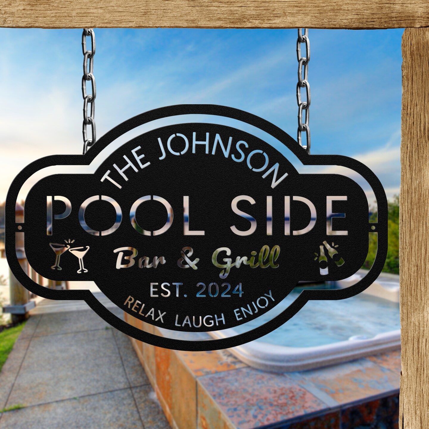 Decorative Poolside Metal Sign, Personalized Family Pool Hanging Decor, Bar and Grill Laser ...