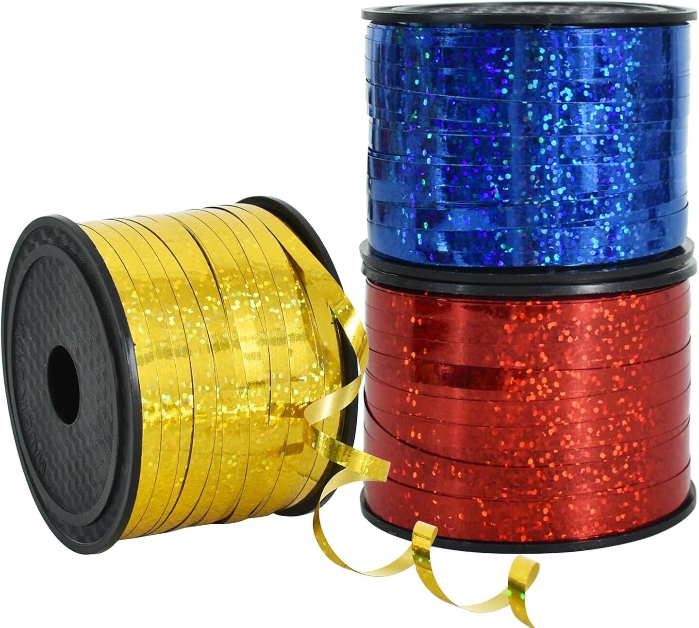 3 Pack 100 Yards Red Blue Gold Ribbon Curling Crimped Glitter Ribbon ...