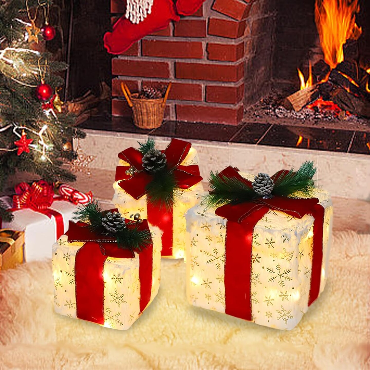 Christmas Lighted Boxes with Bows, Set of 3 Plush Gift Boxes with Gold ...