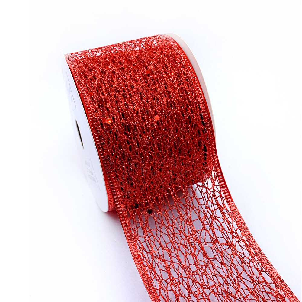 Designer’s Shop WR 63-5114 2.5” x 10 yard Holiday Metallic Red Sparking ...