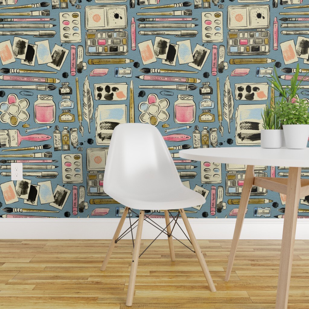 Peel & Stick Wallpaper 2FT Wide Retro Watercolor Paint Art Ink Brushes ...