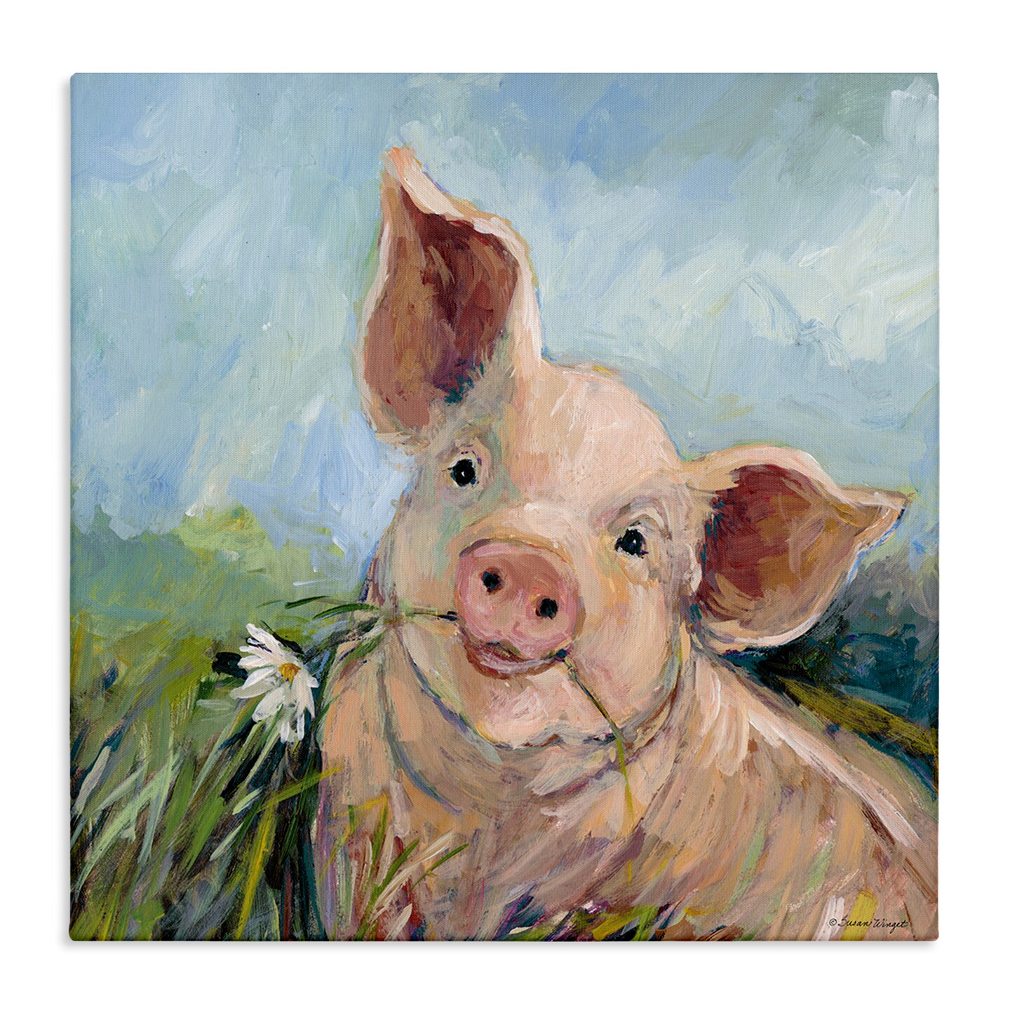 Stupell Industries Whimsical Pig & Daisy Painting Canvas By Susan ...