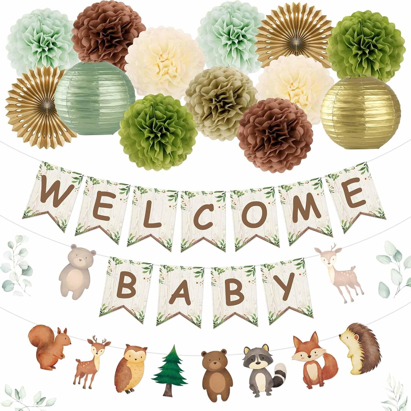 15 Pcs Baby Shower Woodland Decorations with Welcome Baby Banners Paper ...