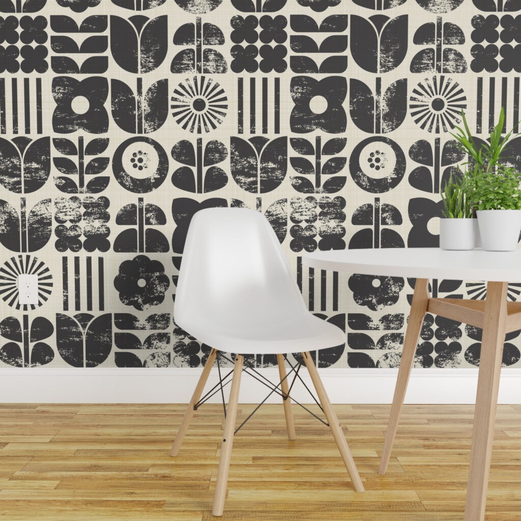 Pre-Pasted Wallpaper 2FT Wide Block Print Floral Black Cream Botanical ...