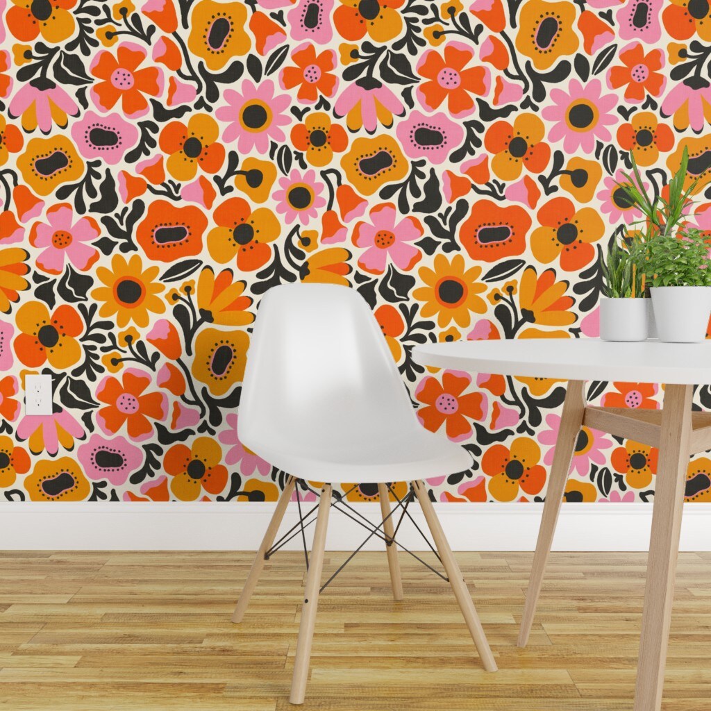 Peel & Stick Wallpaper 2FT Wide Retro Abstract Poppies Seventies Floral ...