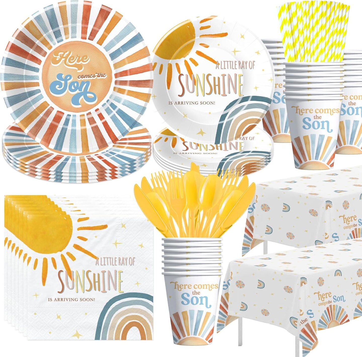 Here Comes The Son Baby Shower Decorations Tableware Boy, Boho Rainbow ...
