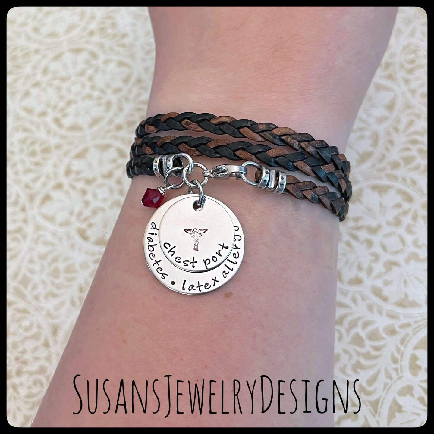 Custom medical alert bracelet, leather medical ID, stainless steel med ...