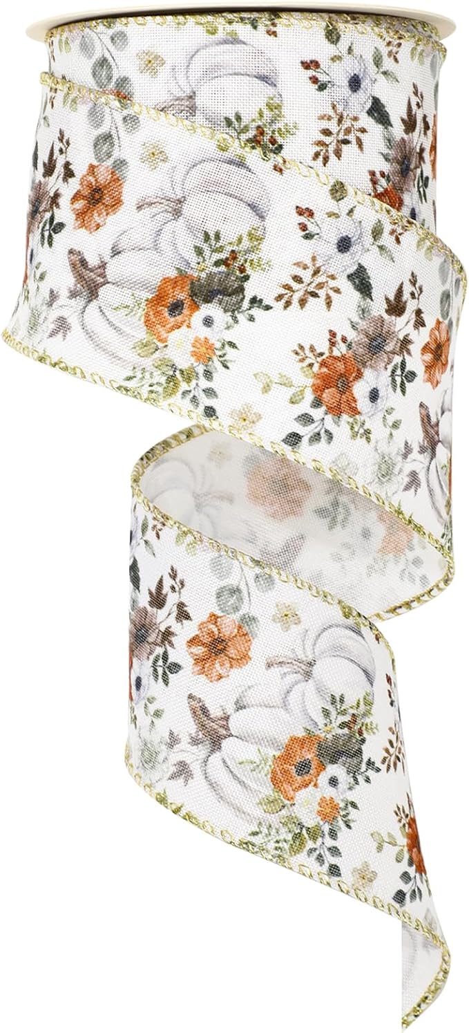 Fall Pumpkin Wired Edge Ribbon Roll: Watercolor Pumpkin Floral Craft ...