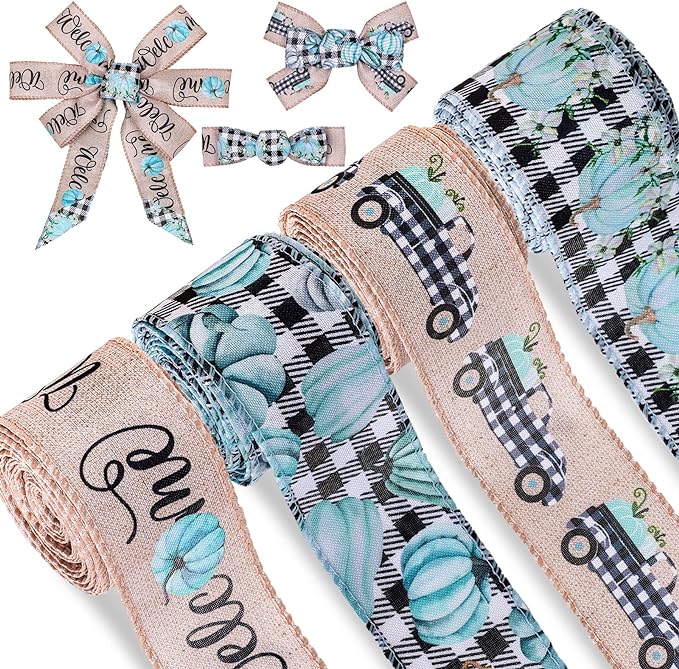 30 yards of Fall Thanksgiving Wired Edge Ribbon Vintage Blue Pumpkin ...