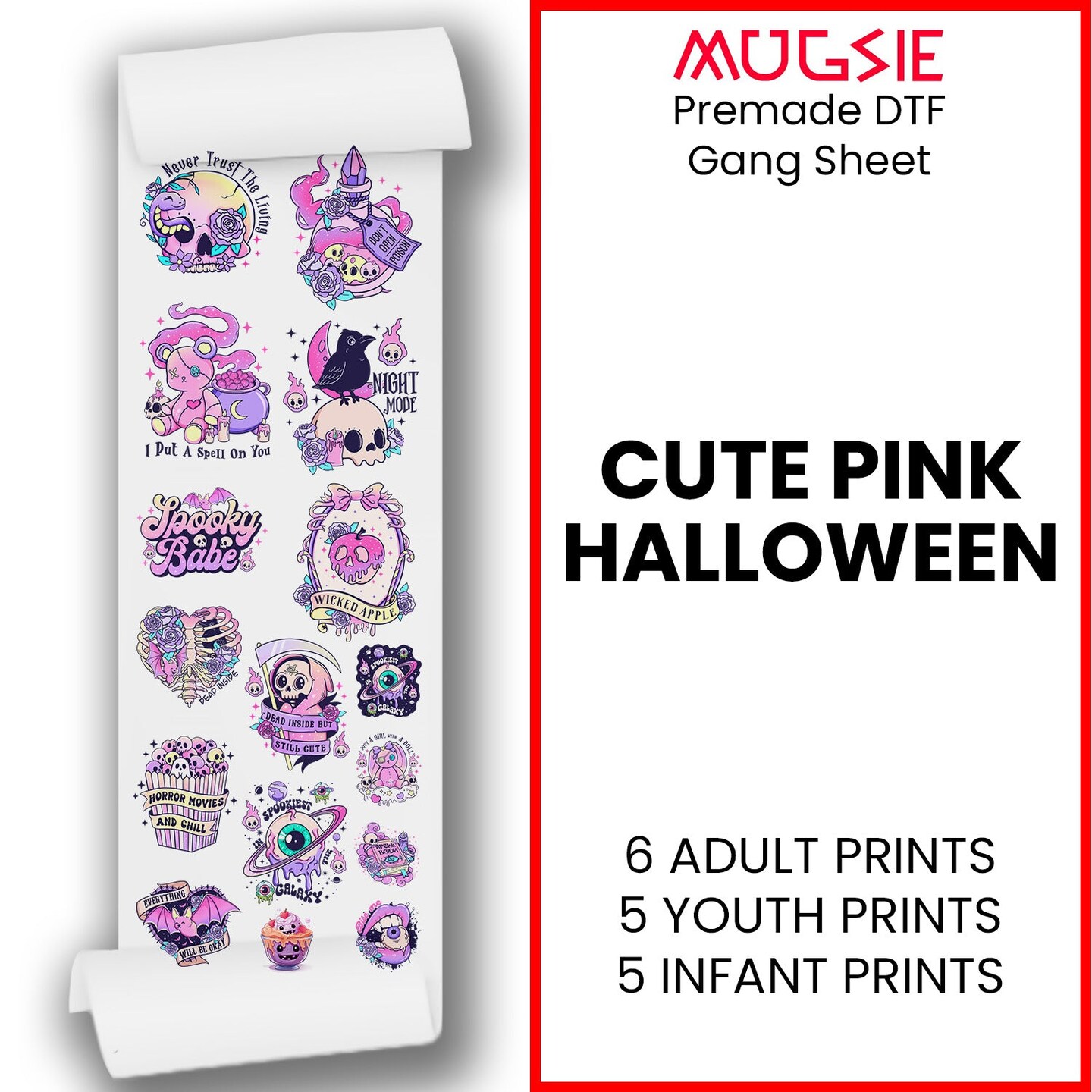 Cute Pink Halloween DTF Transfer Gang Sheets - 22x60 Direct-to-Film ...