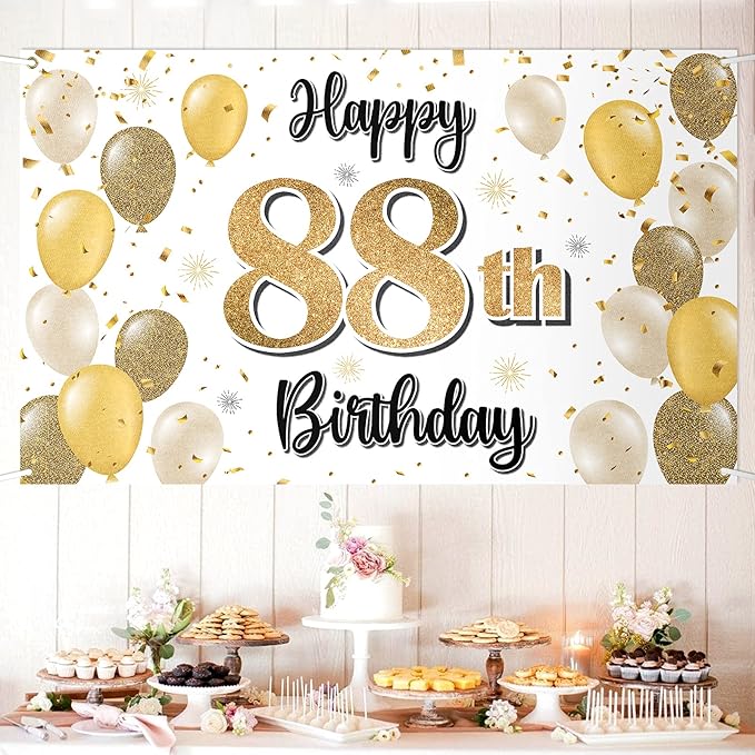 Happy 88th Birthday Decorations,88th Gold Balloon Large Birthday Banner ...