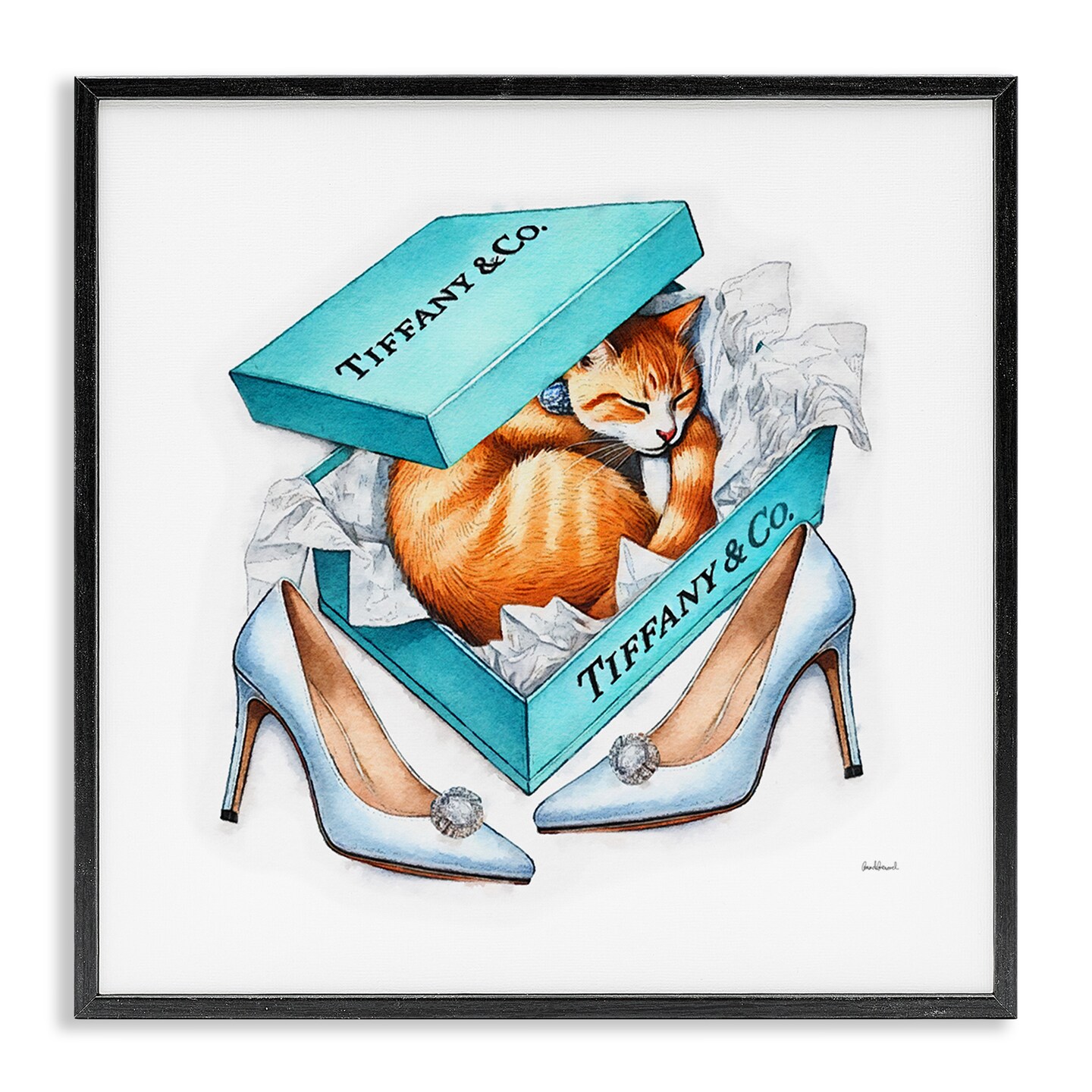 Stupell Industries Blue Shoebox with Cat Framed Giclee Wall Art Design ...