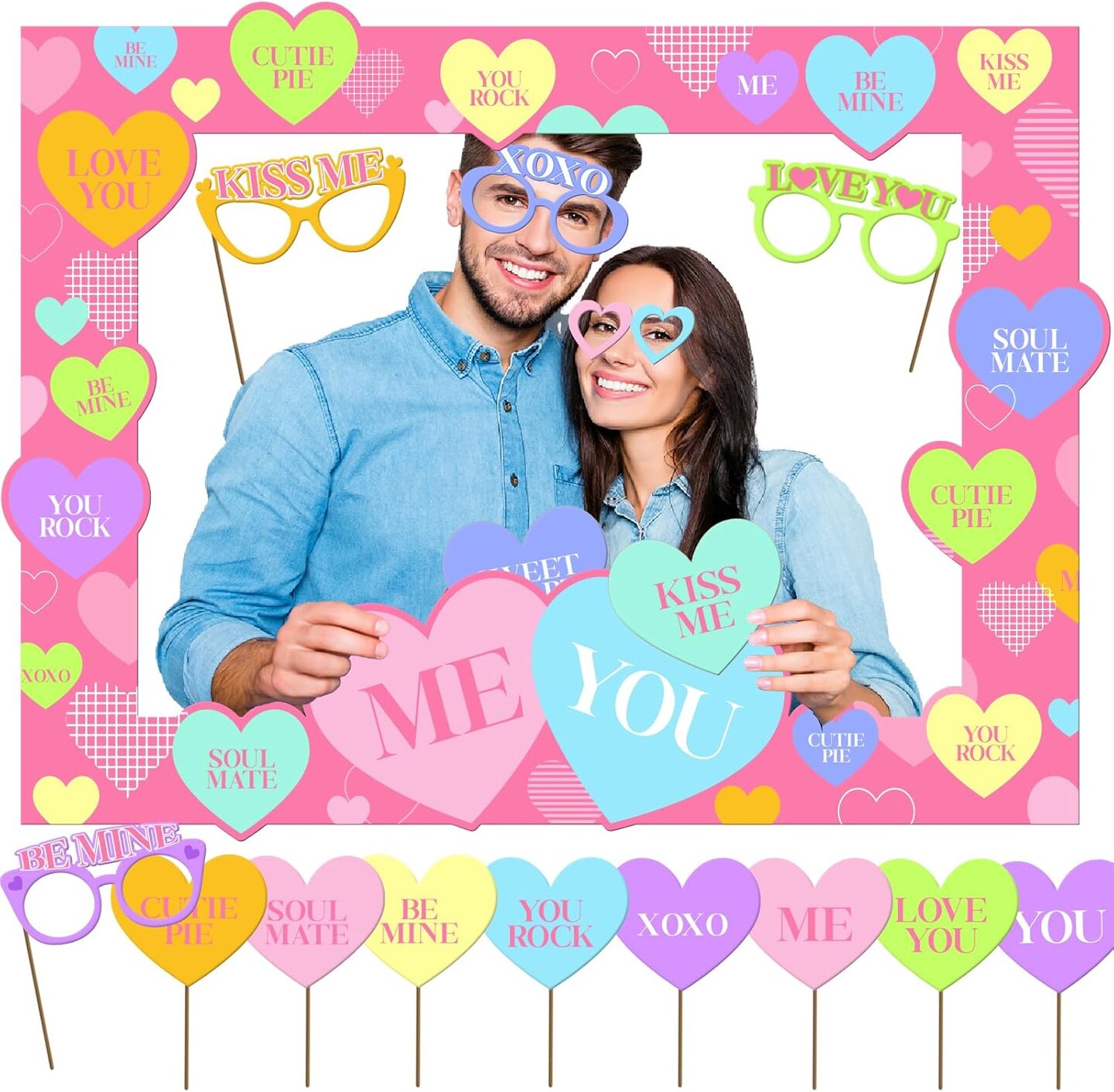 Valentines Day Photo Booth Props, Pink Romantic Valentine’s Day Selfie ...